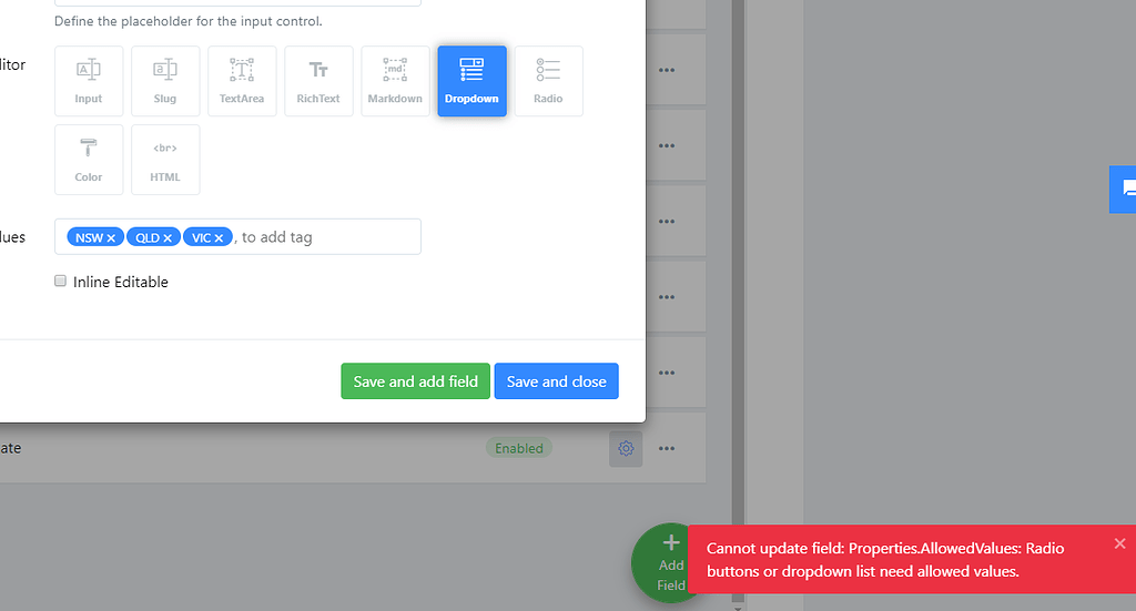 [SOLVED] String Input Dropdown Editor AllowedValues Error - Solved Bugs - Squidex Support