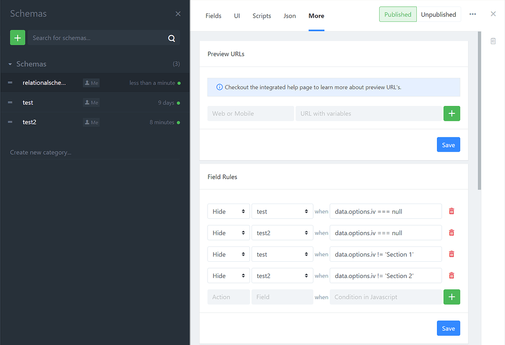 Hiding a field with field rules does not unset the value - Support - Squidex Support