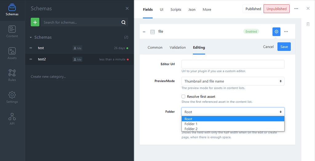 [IMPLEMENTED] Schema Assets Folder Selector - Implemented Features - Squidex Support