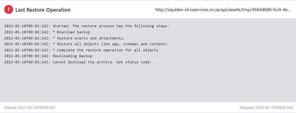 Backup restore fails: Cannot download the archive. Got status code: - Support - Squidex Support