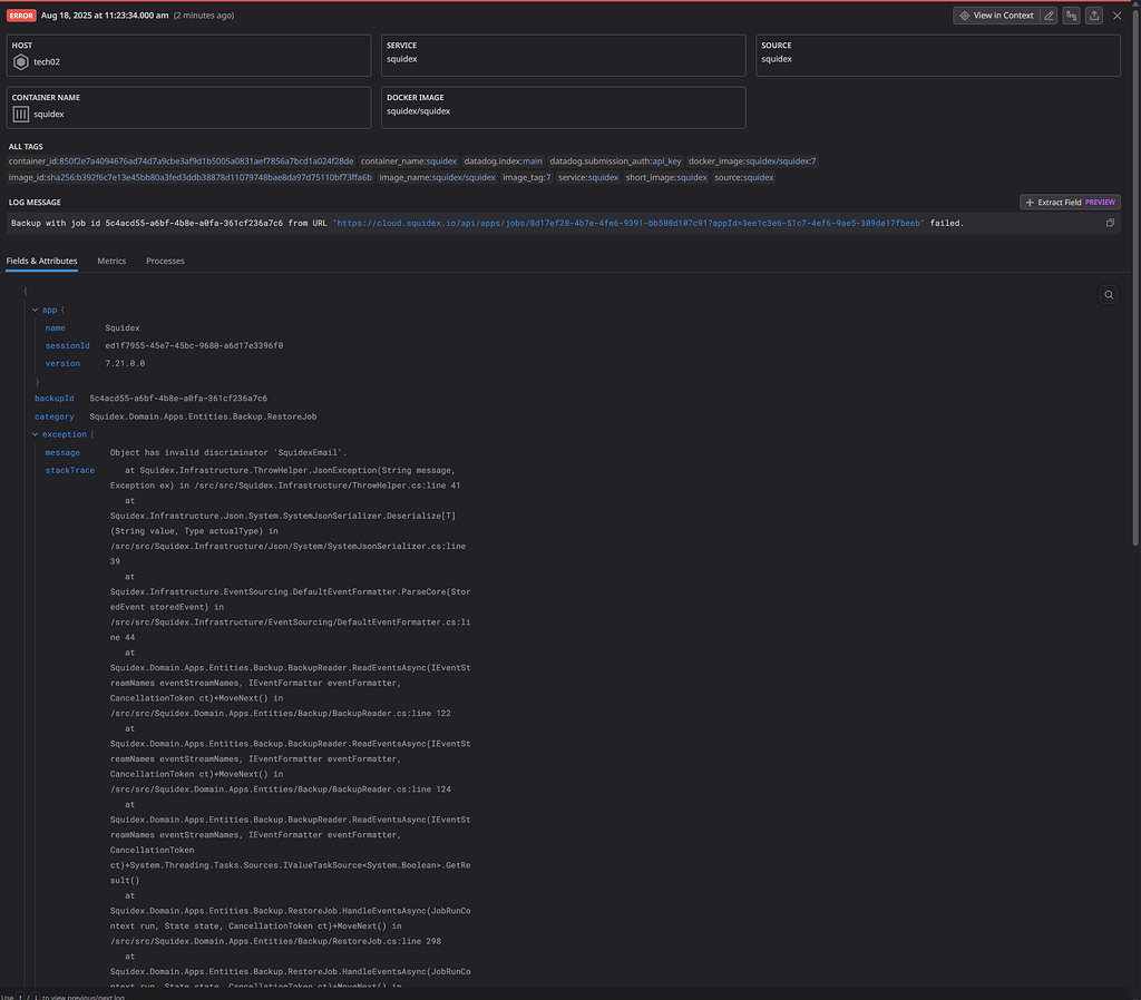 Restore to on-prem has failed - Support - Squidex Support